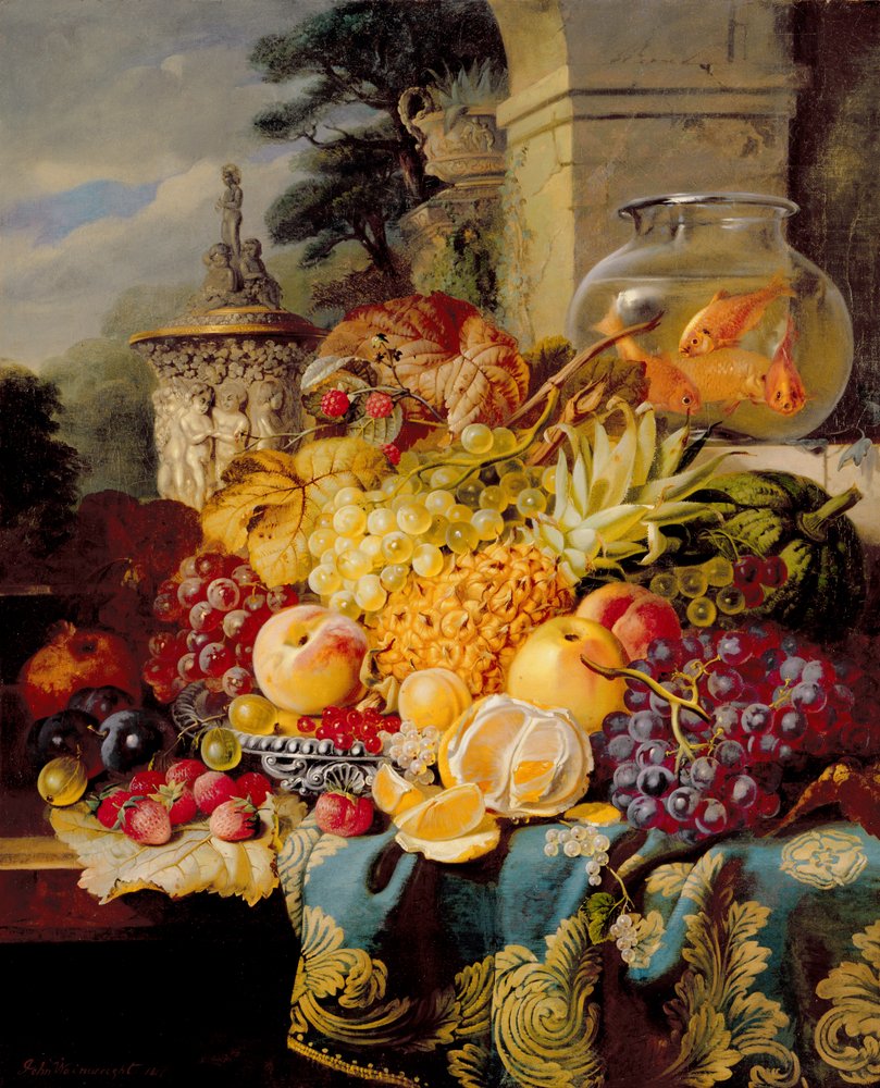 Still life of fruit on a ledge with a goldfish bowl