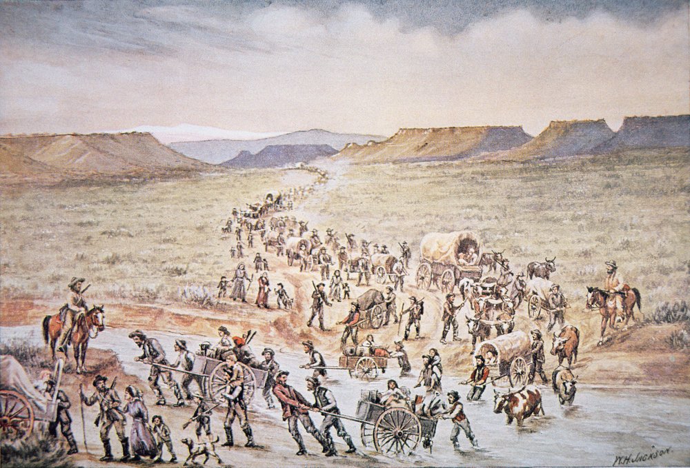 Mormon handcart pioneers heading West to Utah in 1850