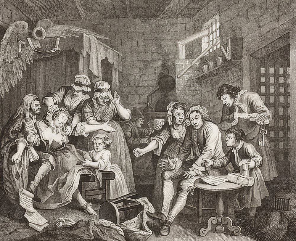 A Rake's Progress, Plate 7: The Rake in Prison. 1735