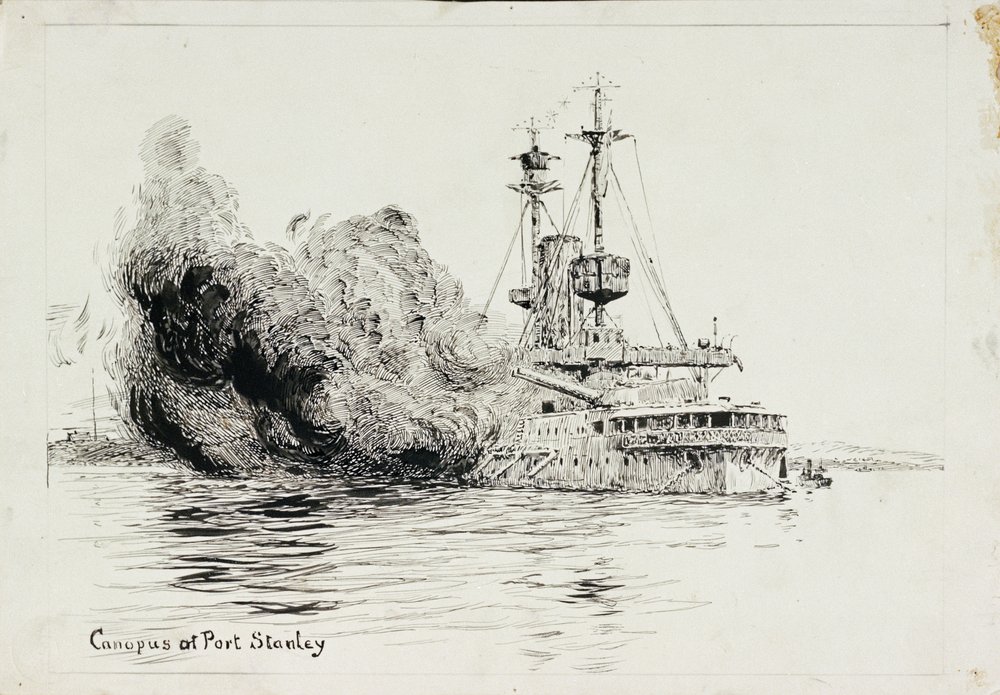 HMS 'Canopus' at Port Stanley, Firing the Opening Salvoes of the Battle ...