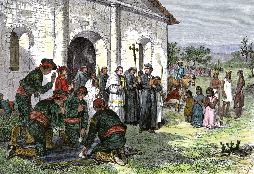 Spanish mission to California, with priests, soldiers and Indians of ...