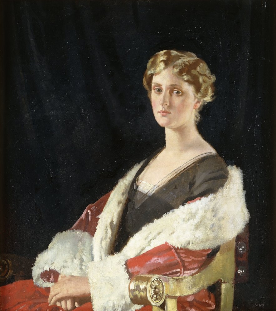 Portrait of Nancy Oswald Smith, Seated Half Length, in a Red Fur-Lined Coat
