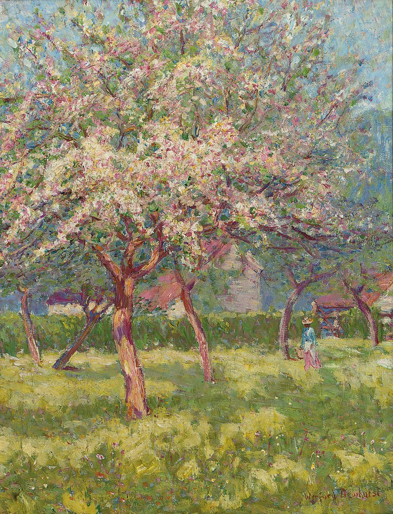 An orchard in bloom by Wynford Dewhurst: Fine art print
