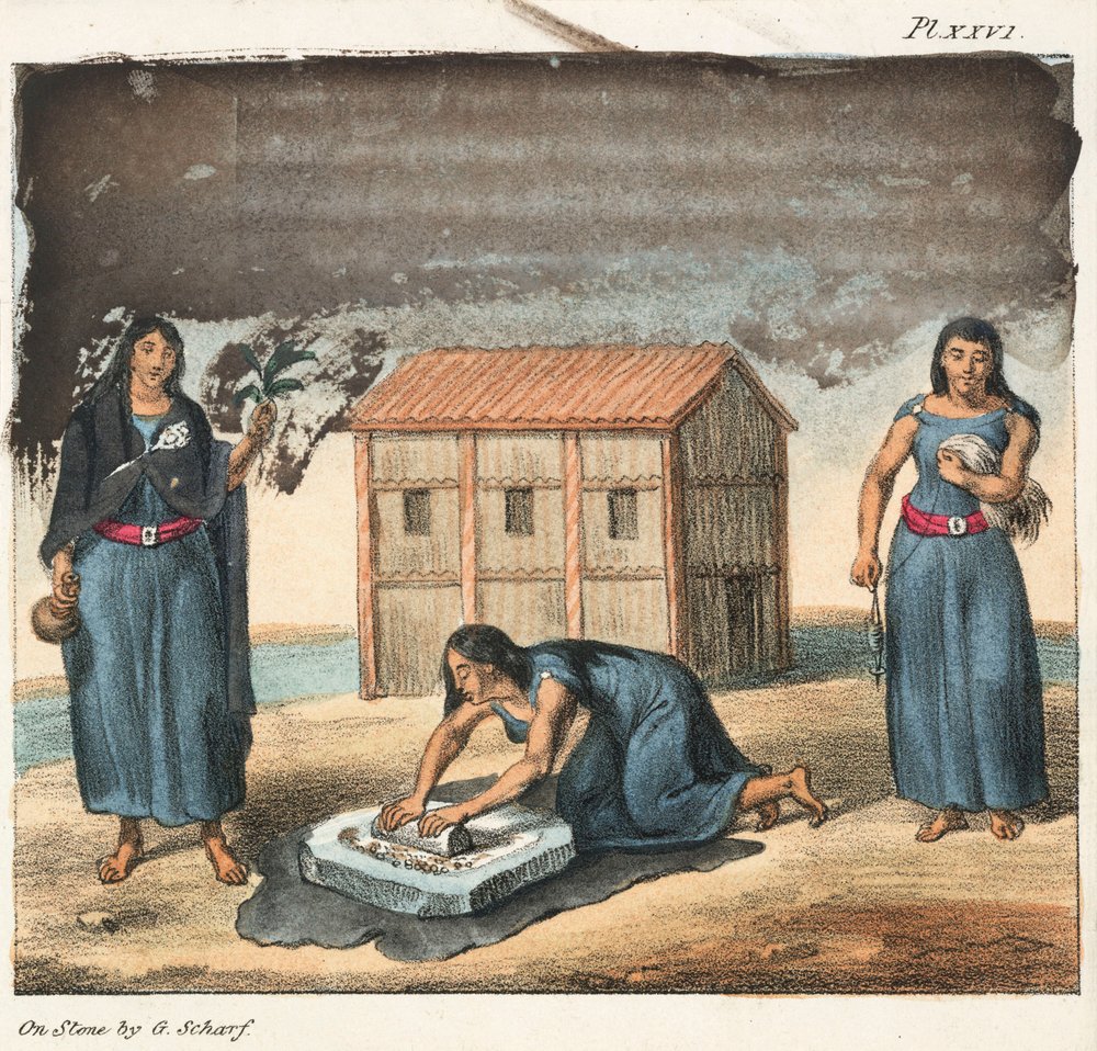 Araucano Indian Women Grinding Corn and Spinning, Chile