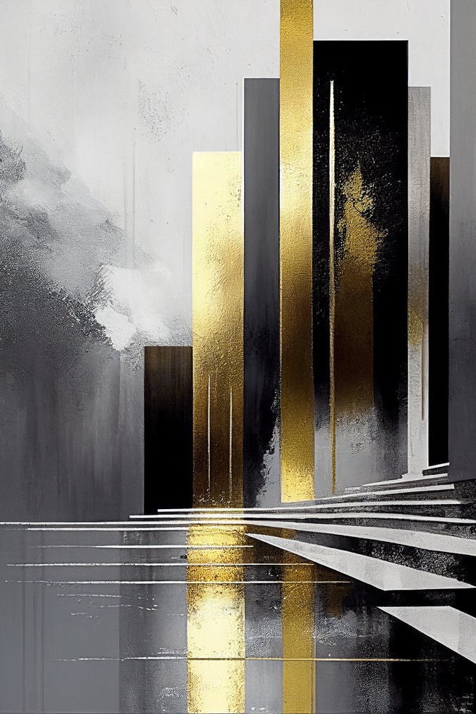 Minimal abstract painting with gray & gold palette