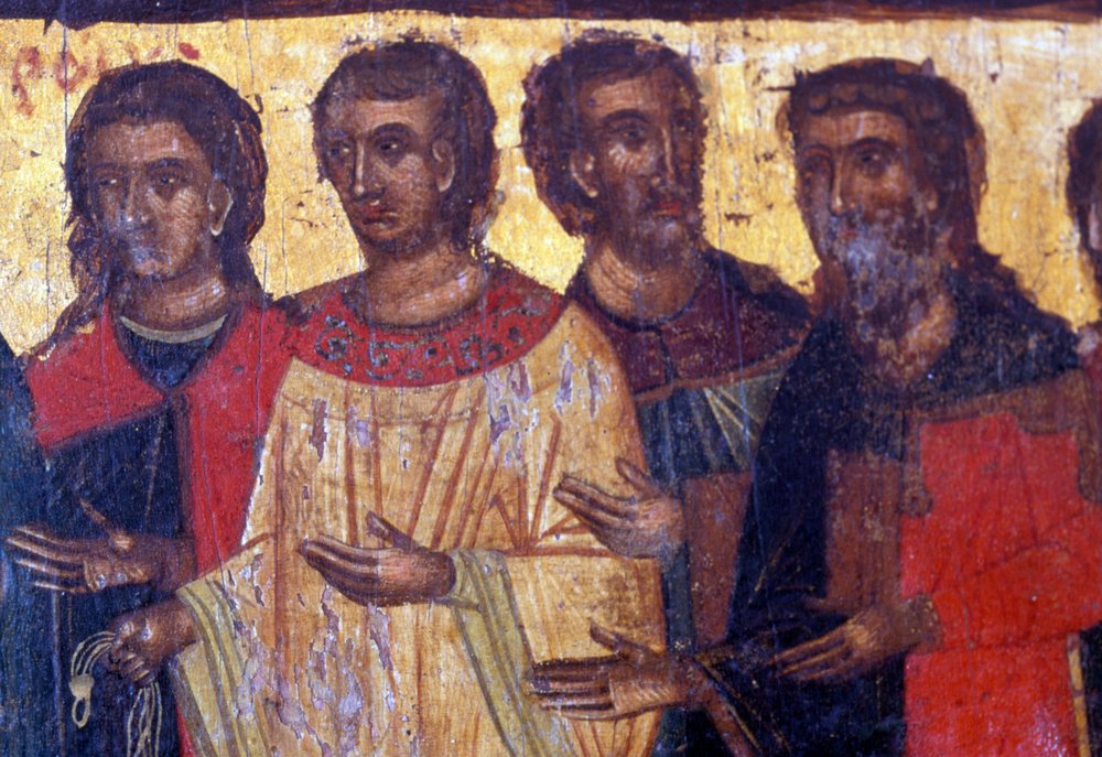 Male figures, wooden panel in Byzantine church of Palea Roumata, Crete ...