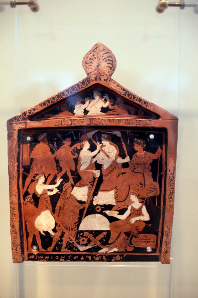 Ninnion tablet, ex-voto depicting Iacchus leading procession in front ...