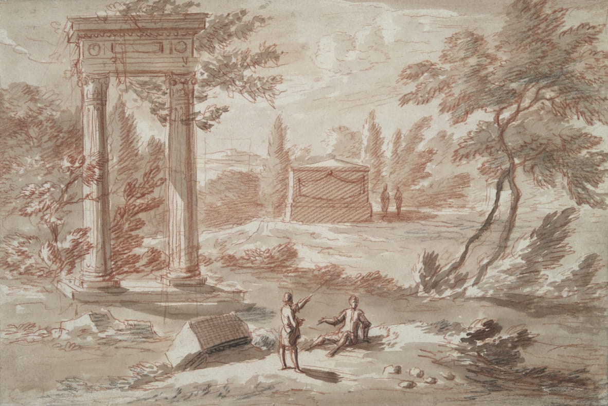 Landscape with tomb, ruins, and figures by Abraham Rademaker