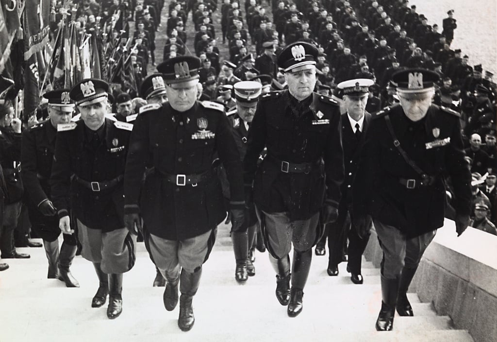 Mussolini at a military parade (b/w photo)