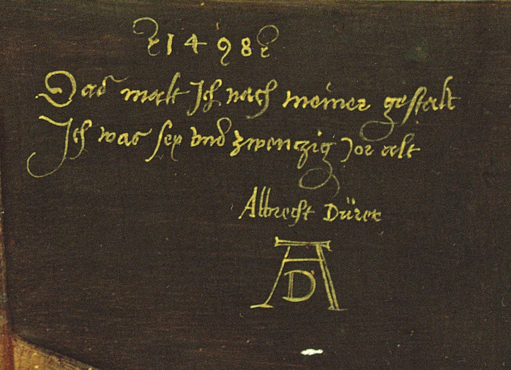 Self Portrait with Gloves, detail of signature, 1498 (detail of 545)
