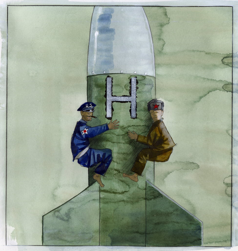 Cold war: an american and a soviet officer clinging to a nuclear ...
