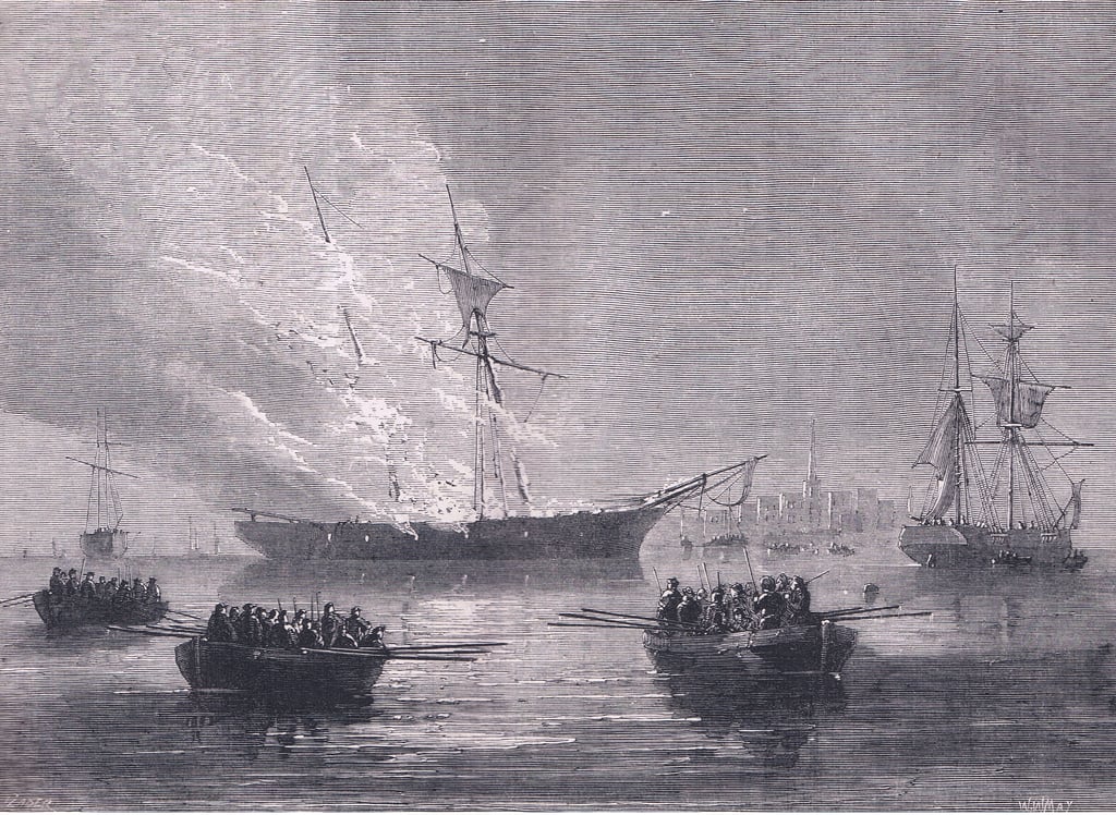 The burning of Gaspe, illustration from Cassells History of the United ...