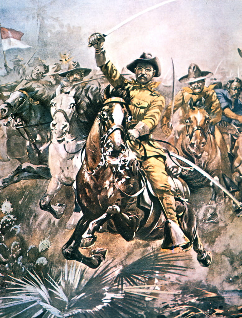 Theodore Roosevelt leading the 'Rough Riders' during the Spanish-American War, detail of a ...