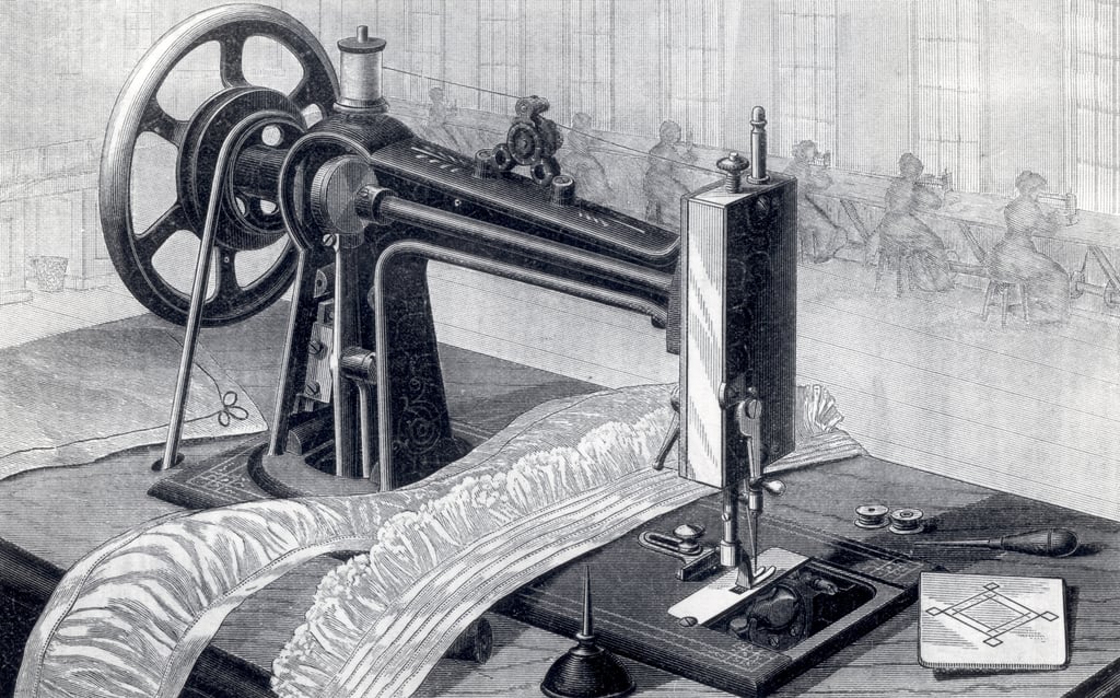 Wilson sewing machine, showing belt drive from treadle and oil can ...