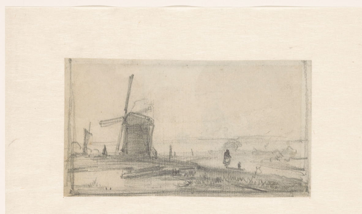 Sketch of a landscape with a mill on the left (#1387101)