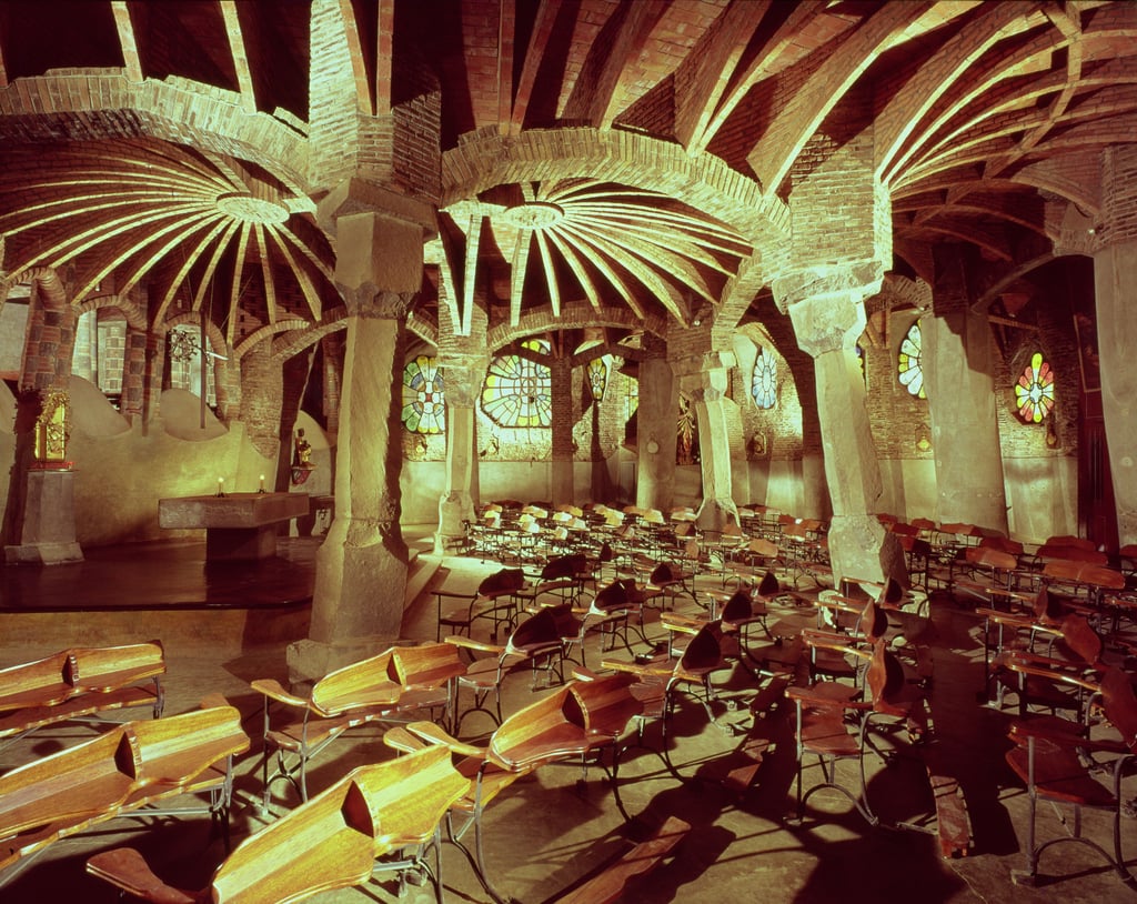 Guell Crypt with its tilted column, built by Antonio Gaudi (1852-1926 ...