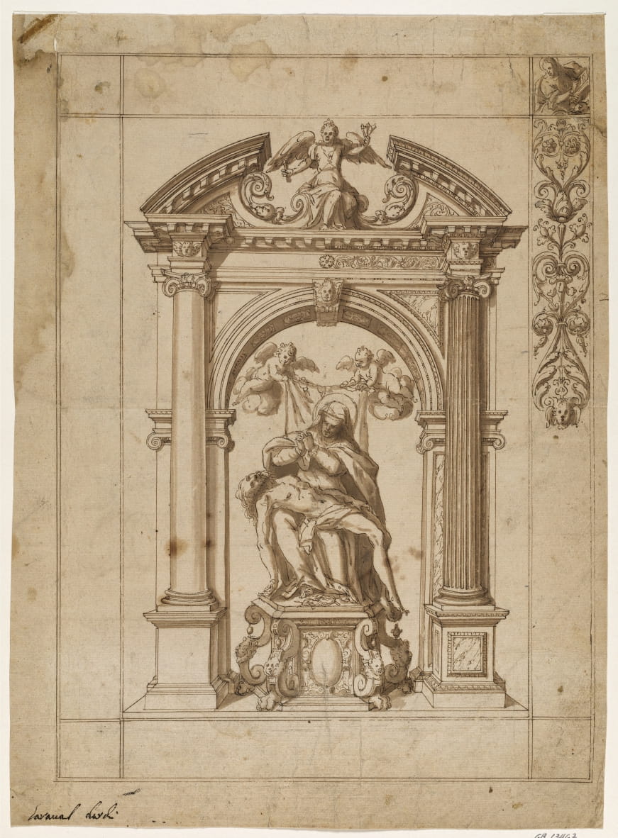Design for a processional banner with a Pietà under an elaborate altar ...