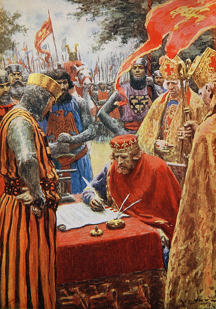 King John signing the Magna Carta reluctantly (colour litho)