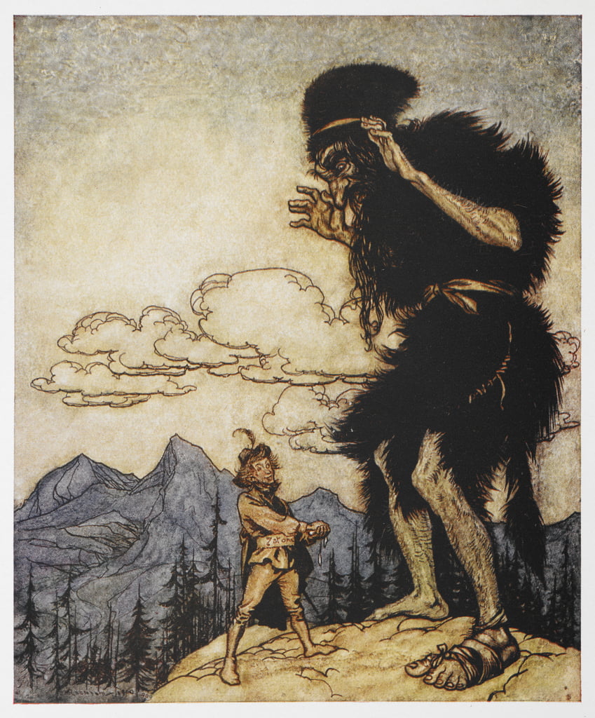 A man and a giant from The Valiant Tailor by Arthur Rackham