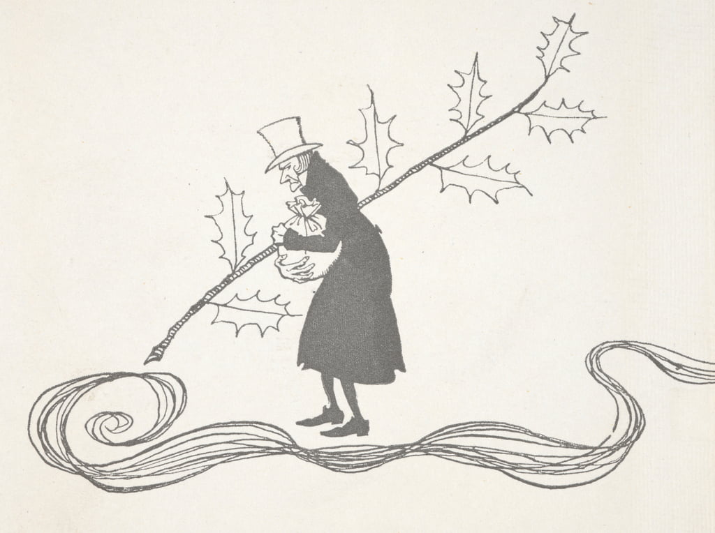 Illustration of Scrooge, depicted by a sprig of holly, clutching a bag ...