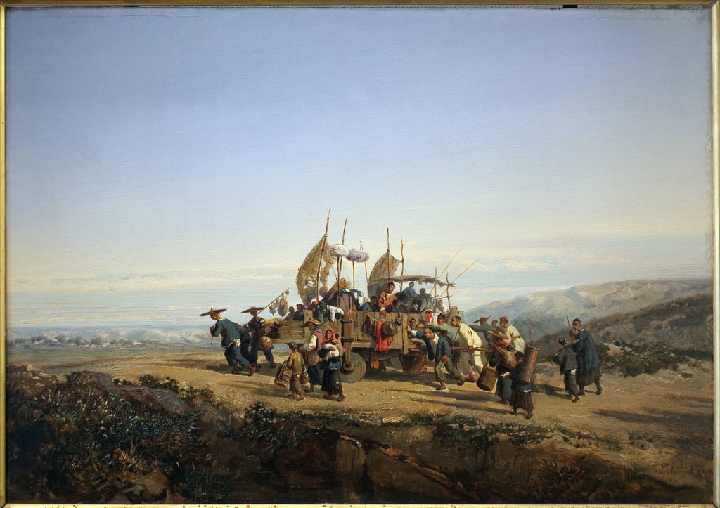 Travellers use a chariot with sails and shoot by men. Painting by ...