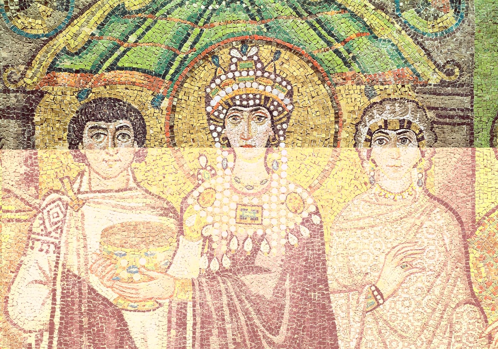 Empress Theodora with her court of two ministers and seven women, c.547 ...