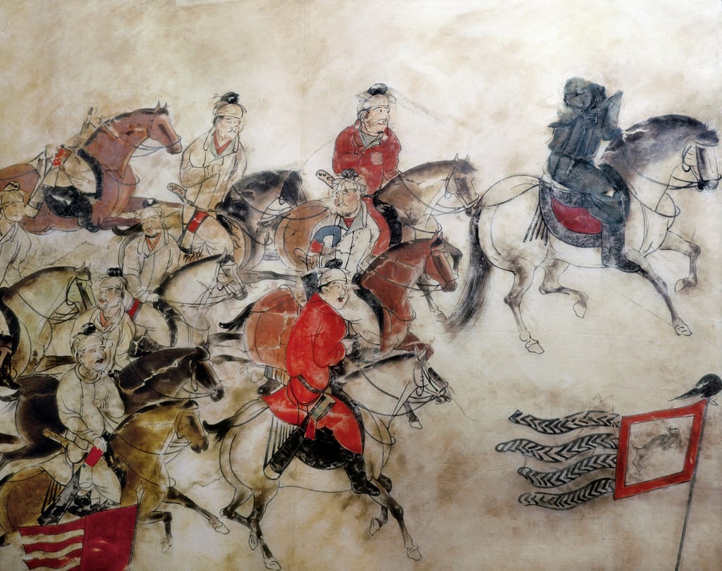 Tomb of Prince Zhanghuai, hunting scene with horses, Xian, Han period ...