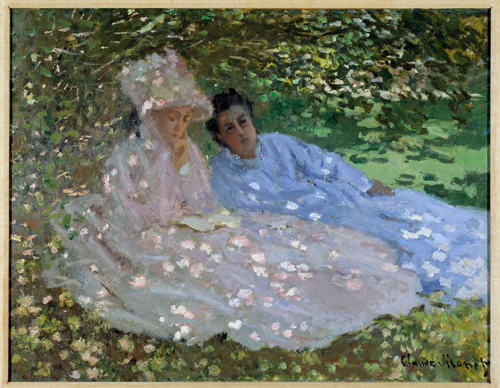 Mrs. Monet and a friend in the garden. Two women sitting in the shade ...