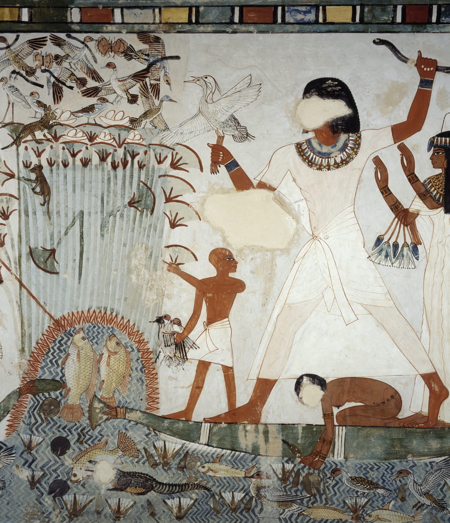 Menna and his family fishing and fowling in marshes of Nile, detail ...