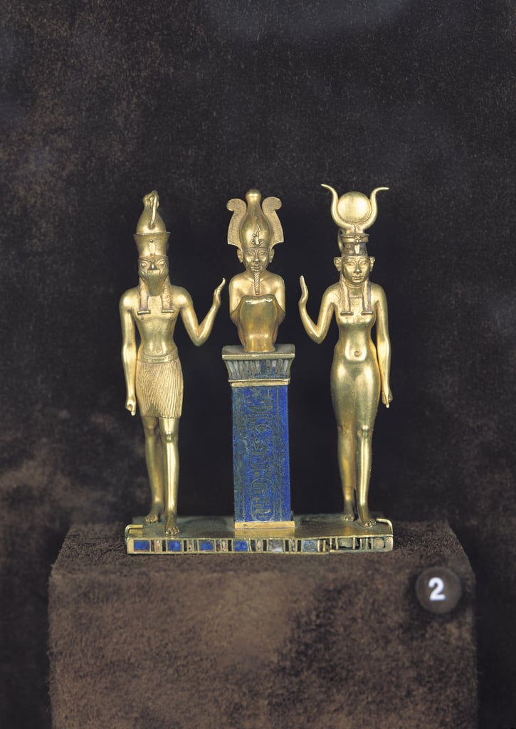 Osiris, Horus, Isis:The Triad of Osorkon II, reign of Osorkon II, c.874-850 BC (gold, lapis ...
