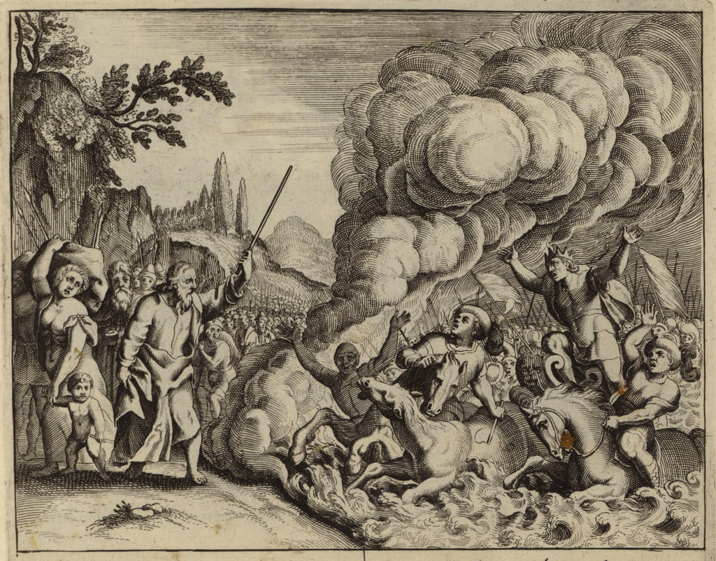 Drowning of the army of Pharaoh in the waters of the Red Sea (engraving)