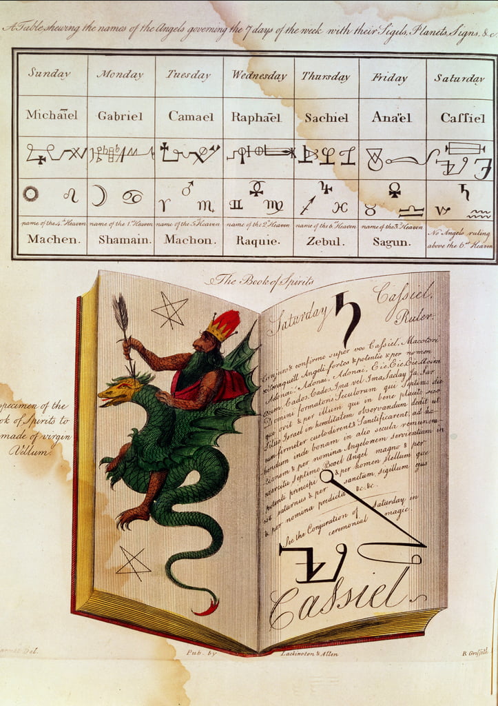 Two pages from The Magus, pub. 1801, and a table showing the seven days ...