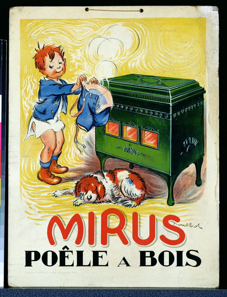 Advertisement for the 'Mirus' wood-burning stove (colour litho)