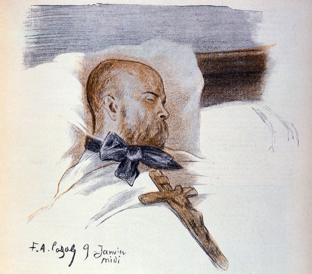 The French poet Paul Verlaine (1844-1896) on his deathbed (drawing)
