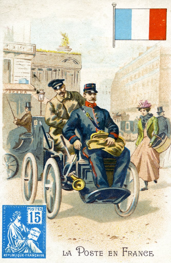 French Postman in an electrically powered vehicle, late 19th century