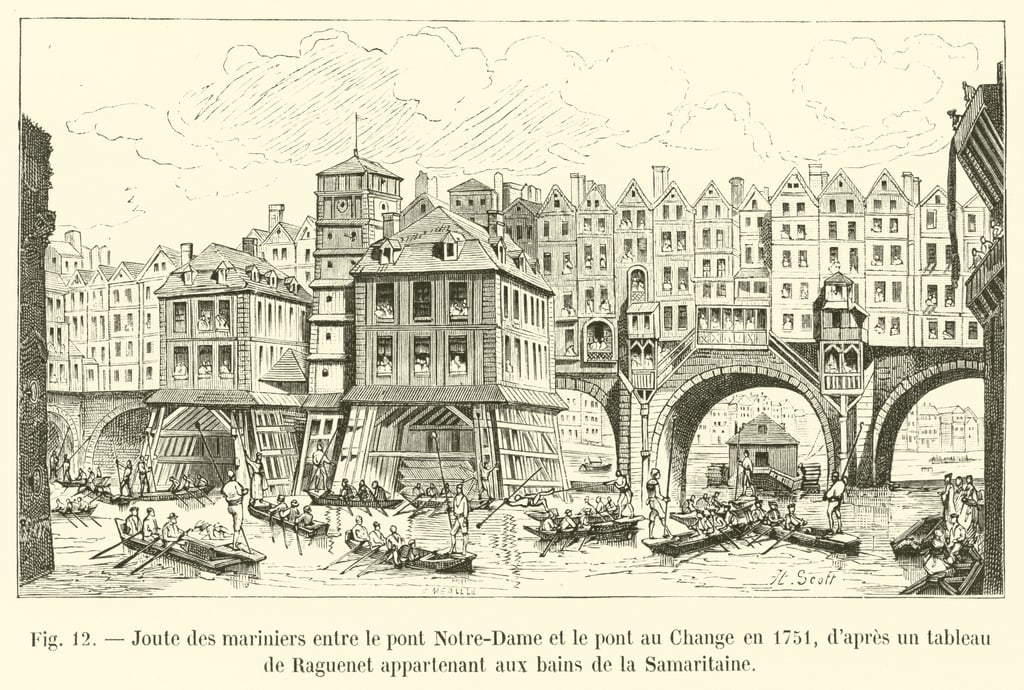 Jousting sailors between the Notre-Dame bridge and the Change bridge in ...