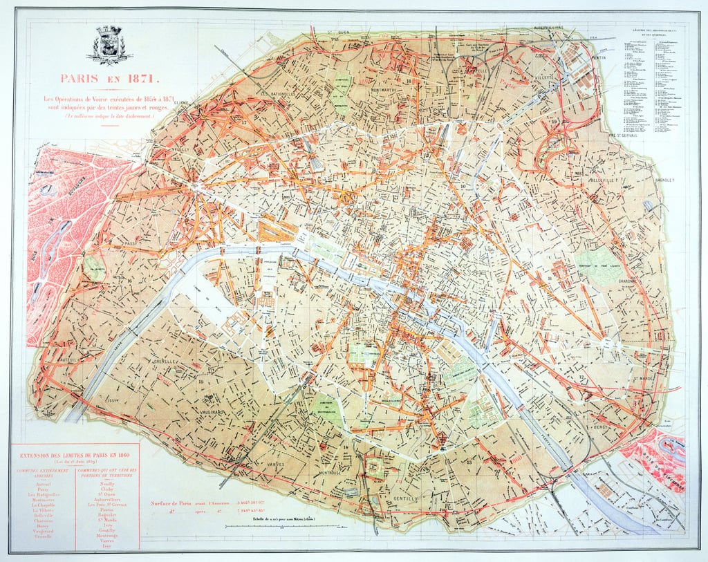Map showing the extent of work during the Haussmann period of development in Paris from 1854-71 ...