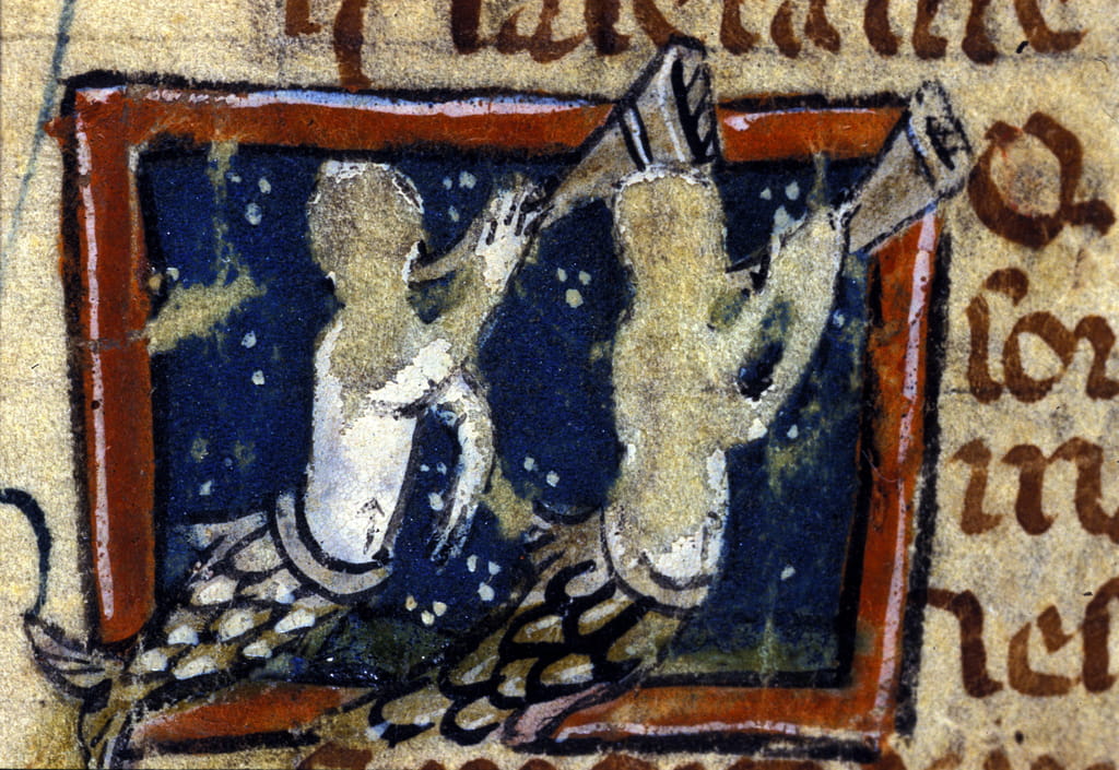 Mermaids represented in a 14th century French bestiary. Milan ...