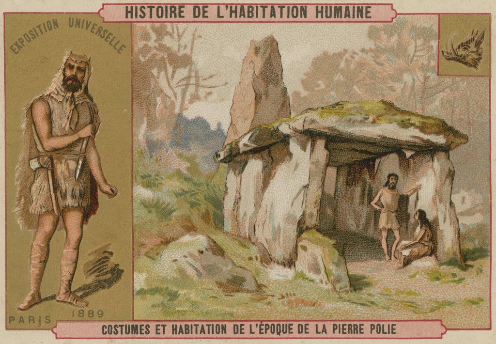 Neolithic costumes and dwellings by French School