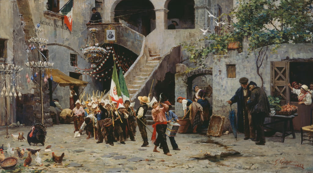 Long live king, procession of children with Italian flag