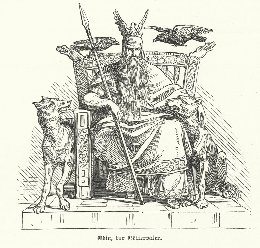 Odin, god of Norse mythology (engraving) by German School