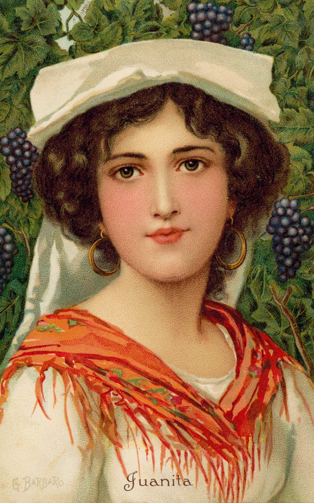 Portrait of a woman with a grape vine (colour litho)