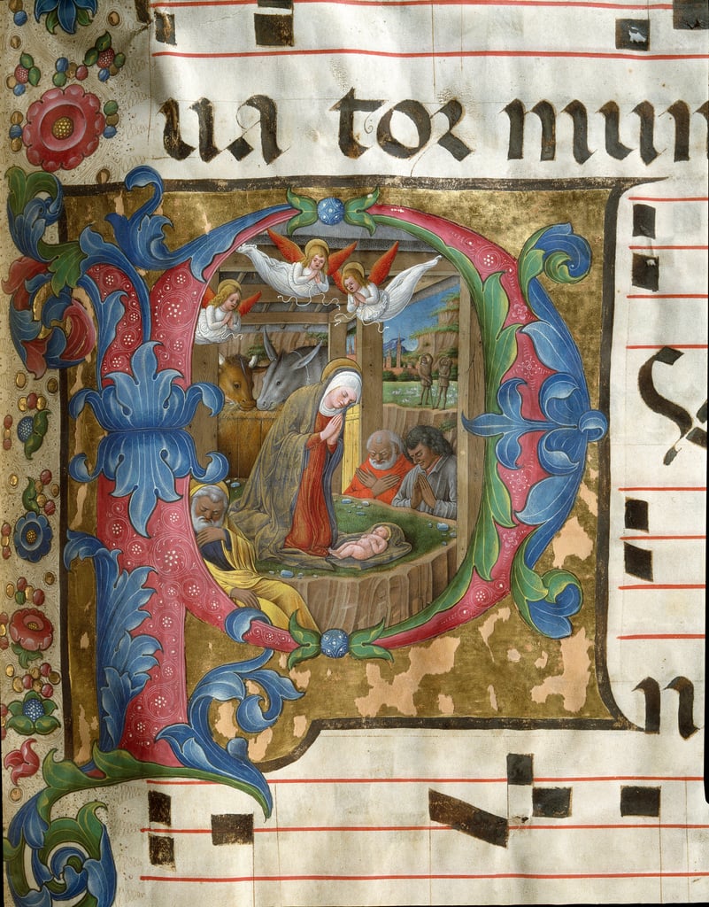 Lettrine P decoree representing the Miniature Nativite by Girolamo da ...