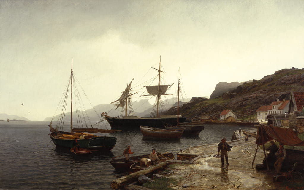 Fishing smack (boat) in harbour, Kleven, Mandal by Hans Gude
