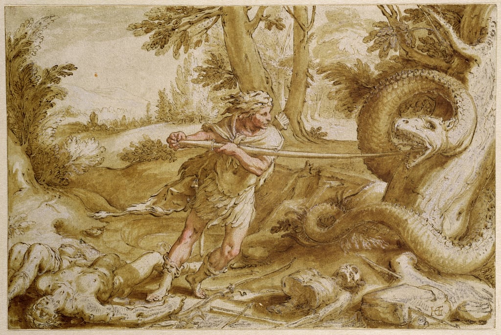 Cadmus about to attack a Dragon (pen and ink drawing with brown wash ...