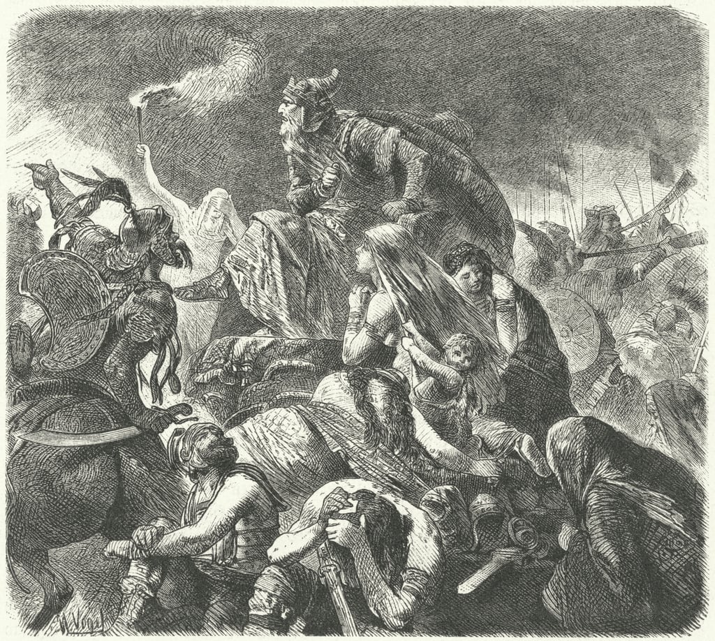 Attila the Hun after the decisive attack by the Visigoths at the Battle ...