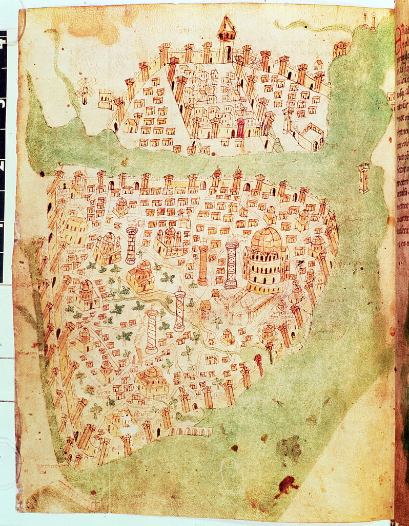 Cotton Vespasian A. XIII, f.36v: Map of Constantinople, c.1450 (vellum)