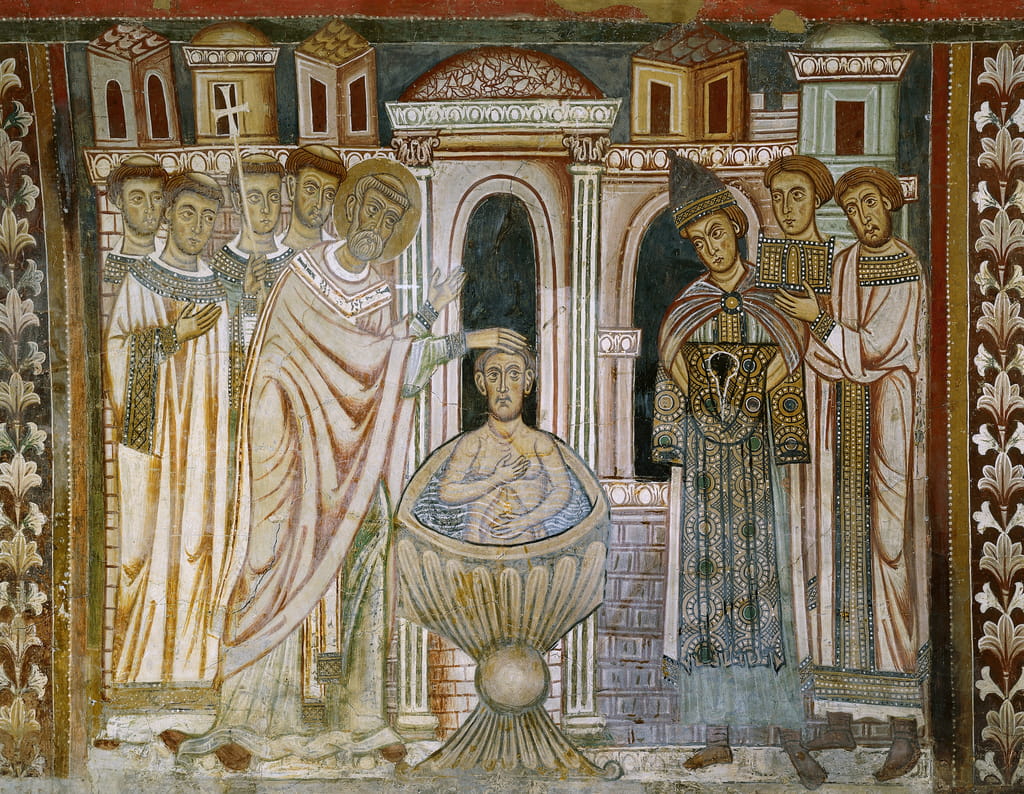 Emperor Constantine, having been cured of leprosy, detail from the ...