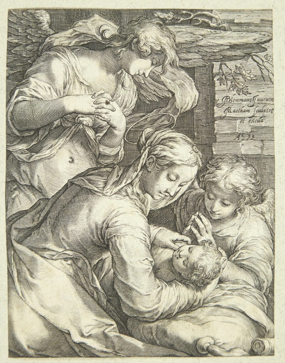 Virgin Mary with child and two angels by Jacob Matham