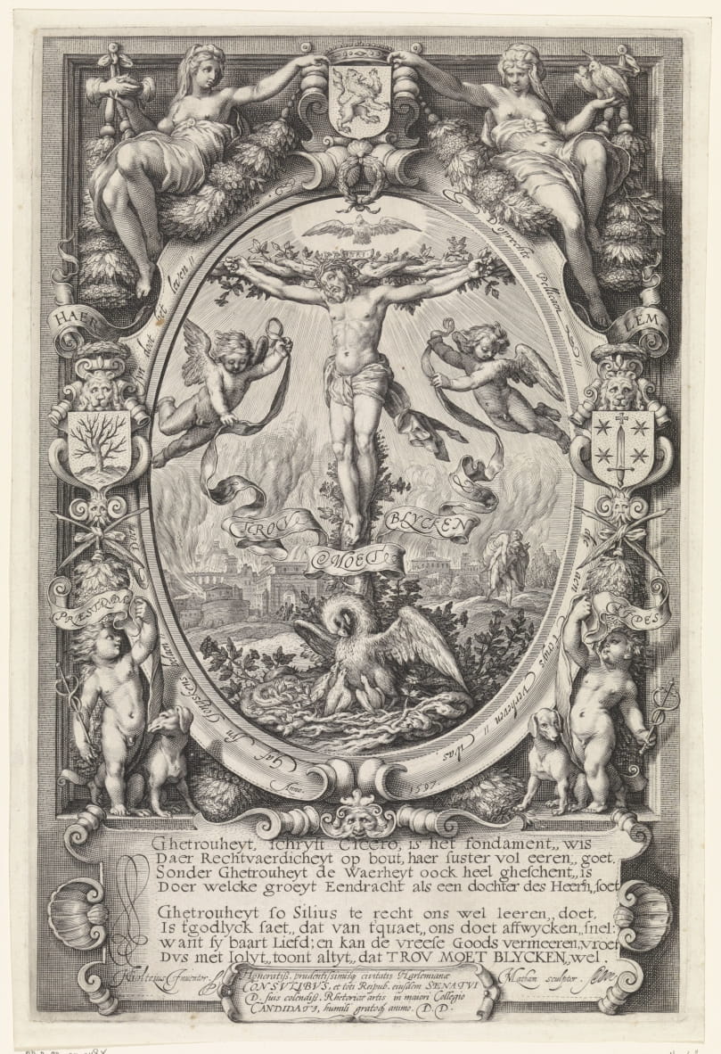Crucifixion in allegorical frame Trou moet blycken (title on object)